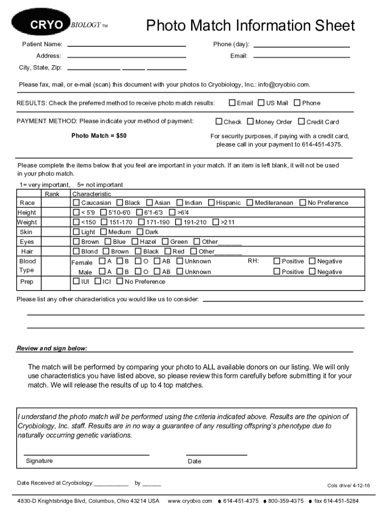 Fillable Online Photo Match Information Sheet - Cryobio Fax Email Print - pdfFiller