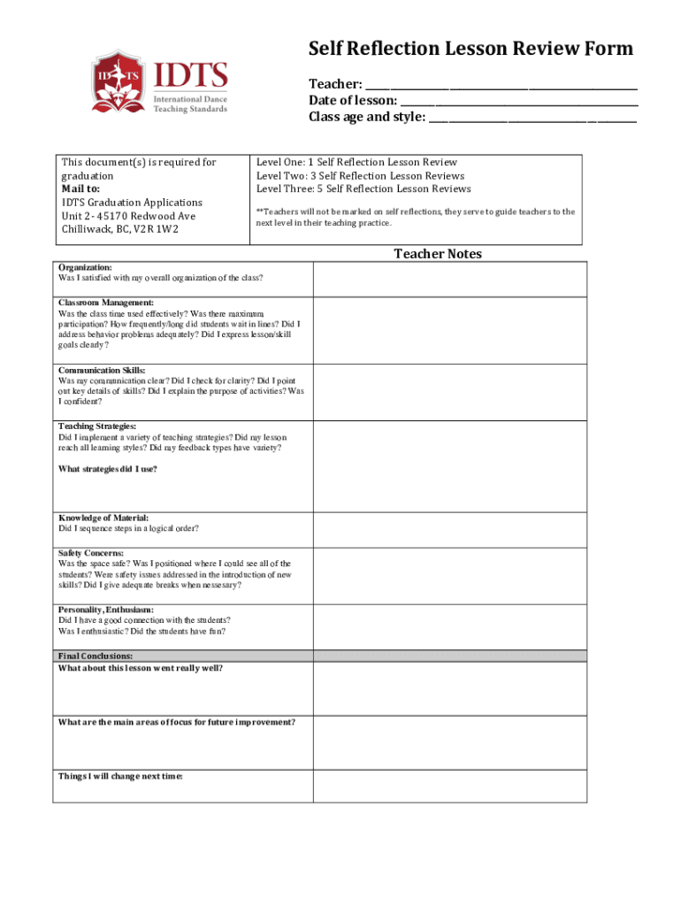 Fillable Online Self Reflection Lesson Review form.docx Fax Email Print - pdfFiller