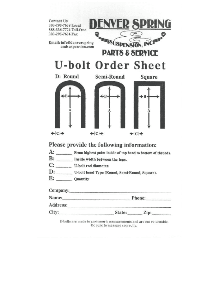 Fillable Online PDF U-bolt Order Sheet - Denver Spring & Suspension ...