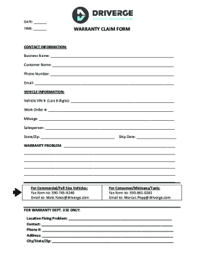 Fillable Online Driverge Warranty Claim Form. Full-Size and Minivan ...