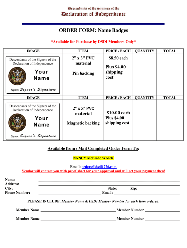 Fillable Online ORDER FORM: Name Badges Fax Email Print - pdfFiller