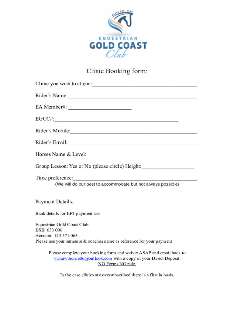Fillable Online EGCC Showjumping Clinic Booking form Fax Email Print - pdfFiller
