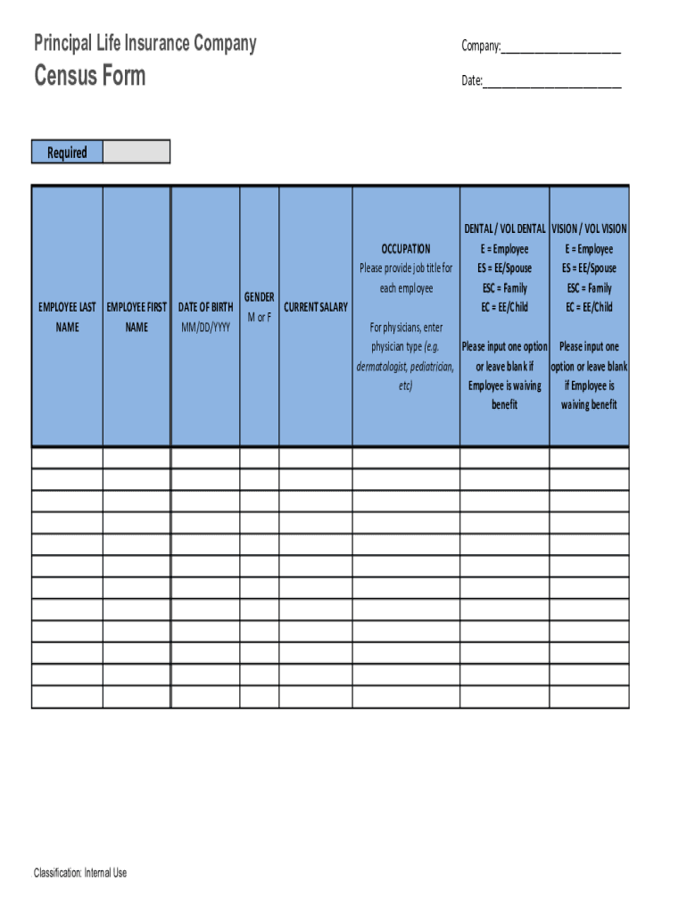 Fillable Online Principal Life Insurance Company Company: Census Form ...