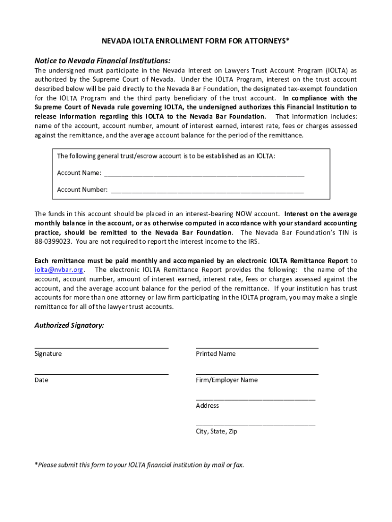 Fillable Online IOLTA Enrollment FormPdf Fpdf DocxNevada Fax Email ...