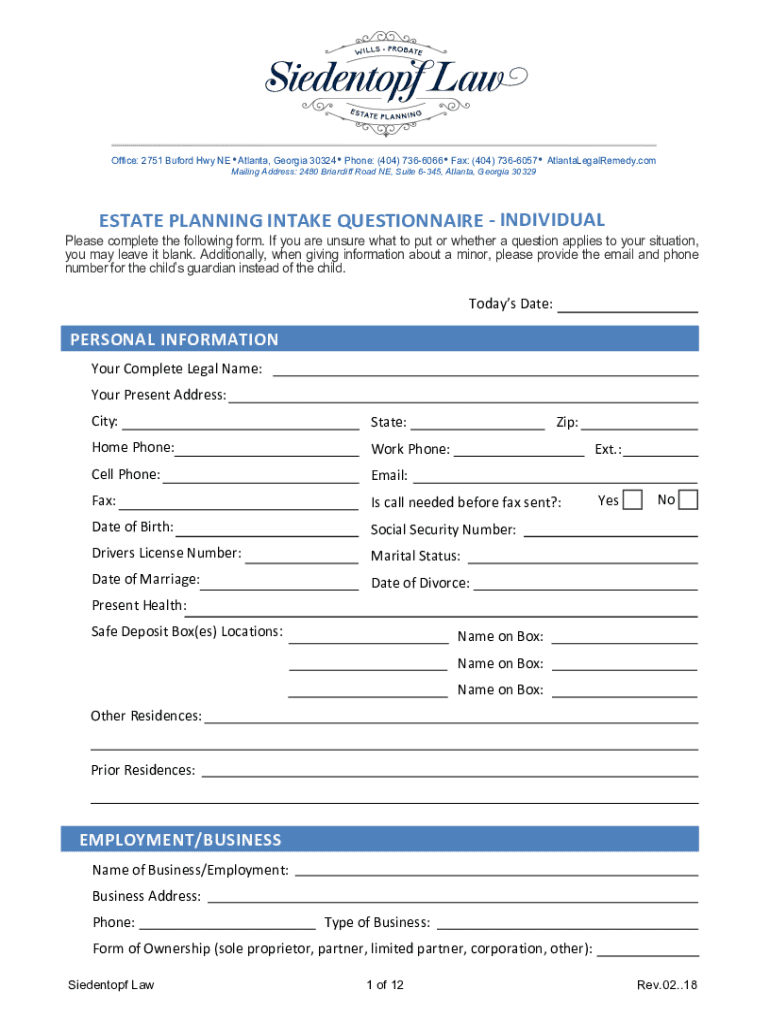 Fillable Online Estate Planning Intake Form - INDIVIDUAL Fax Email ...