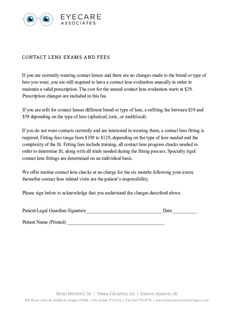 Fillable Online Explanation of Contact Lens Exam and Fitting Fees Fax ...