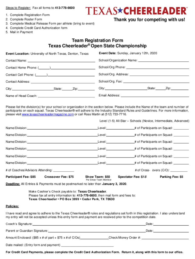 Fillable Online Texas Cheerleader Open State Championship Fax Email Print - pdfFiller