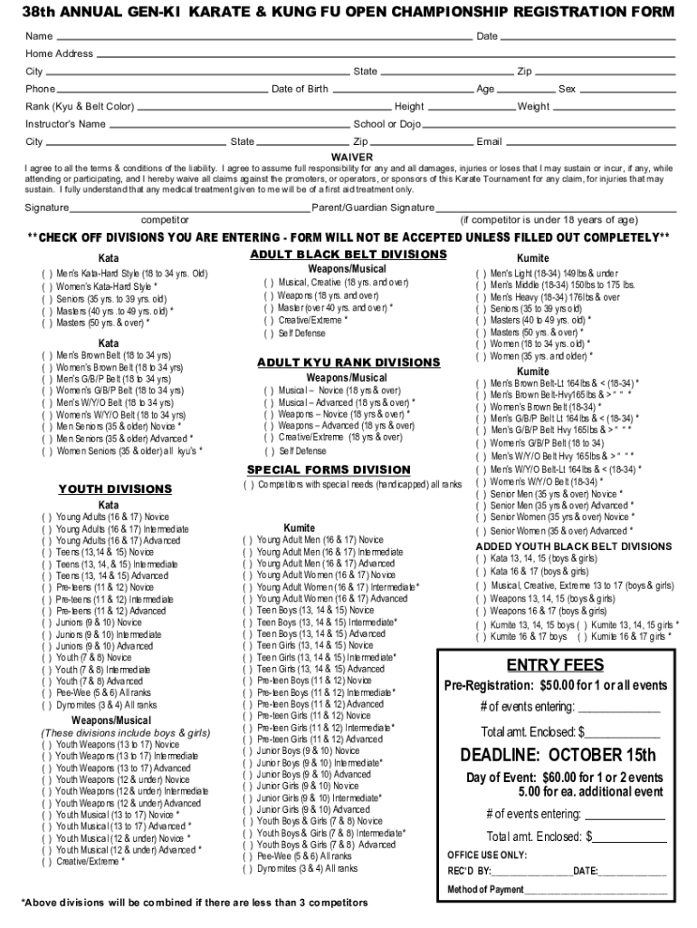 Fillable Online 38th ANNUAL GEN-KI KARATE & KUNG FU OPEN CHAMPIONSHIP ...