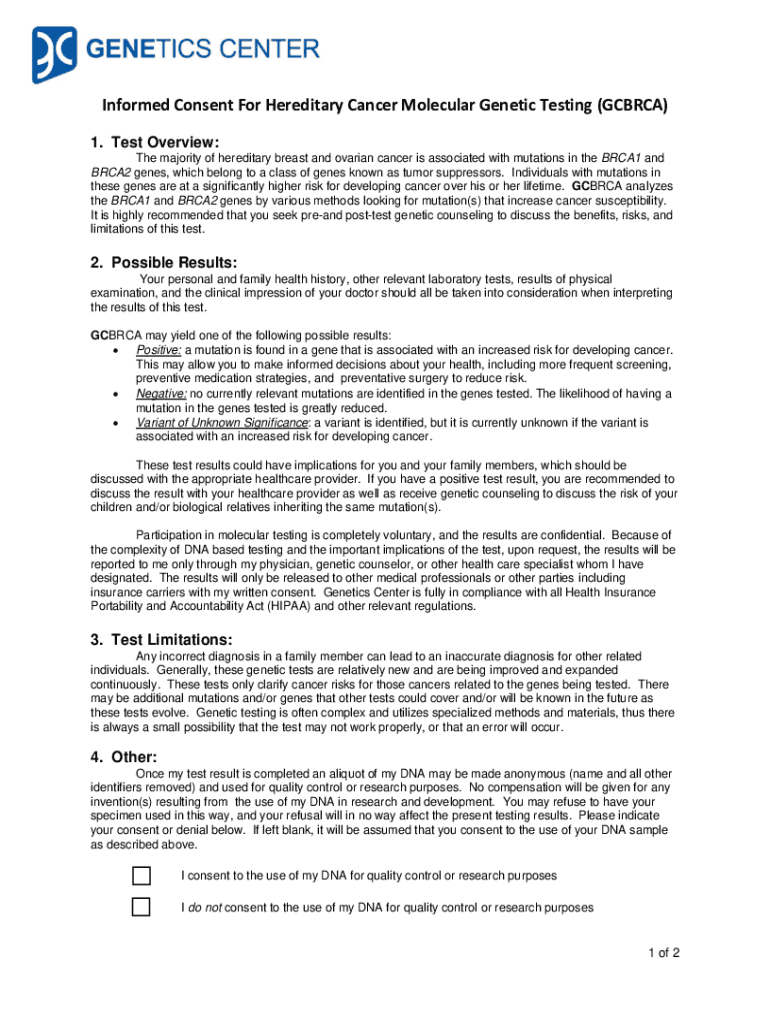 Fillable Online Informed Consent For Hereditary Cancer ... - Genetics ...