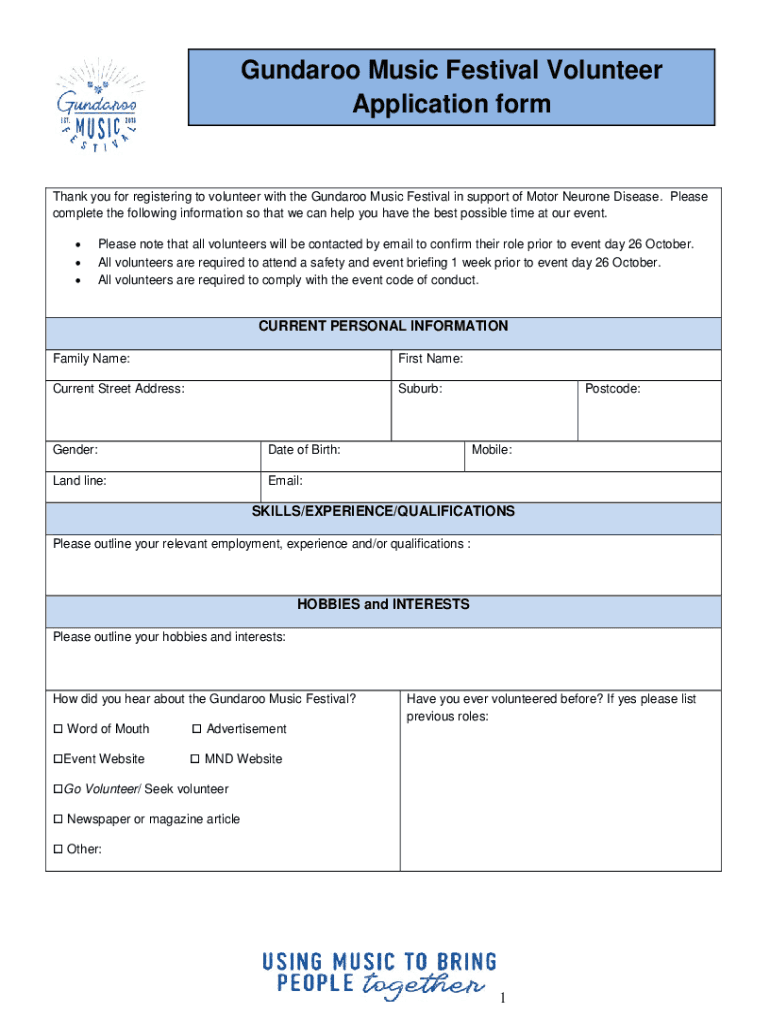 Fillable Online Volunteer Application Form For Music Festival Form ...