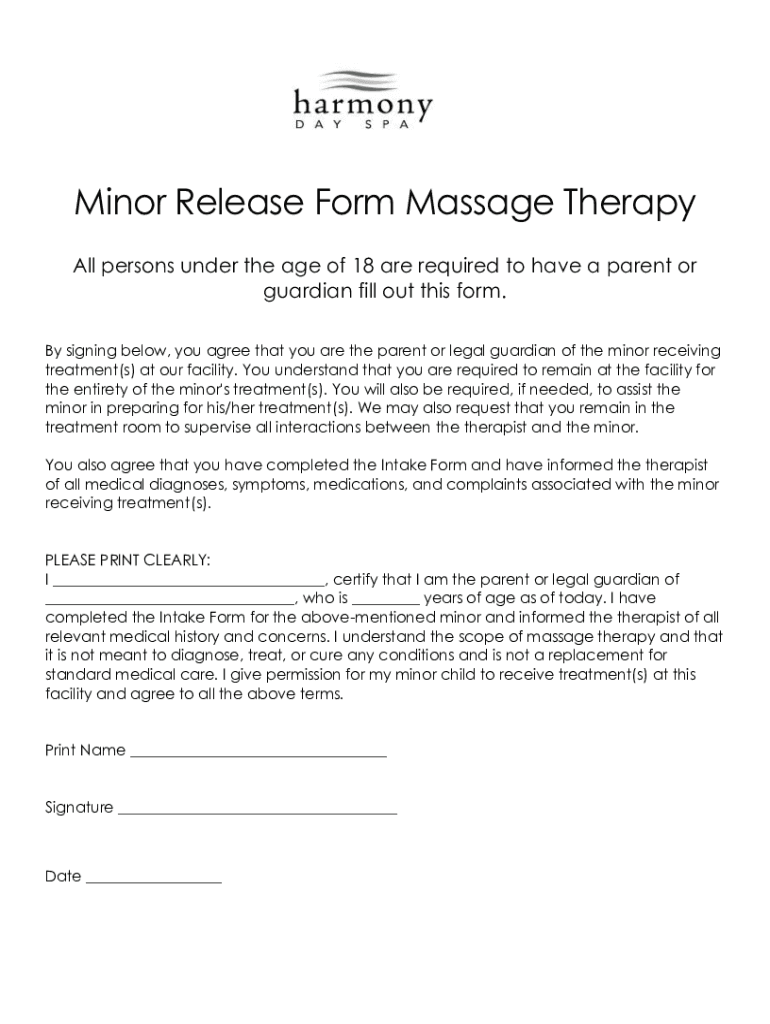 Fillable Online Minor Release Form Massage Therapy Fax Email Print ...