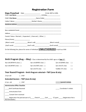 Fillable Online Hope Preschool Registration Form Fax Email Print ...