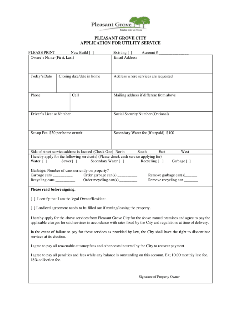 Fillable Online PLEASANT GROVE CITY APPLICATION FOR UTILITY SERVICE Fax ...