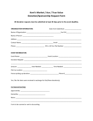 Fillable Online Kents Market / Ace / True Value Donation/Sponsorship ...