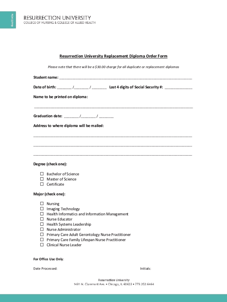 Fillable Online Resurrection University Replacement Diploma Order Form Fax Email Print - pdfFiller