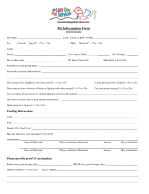 Fillable Online Lazy Day Pet Services, LLC. Pet Profile Form Fax Email ...