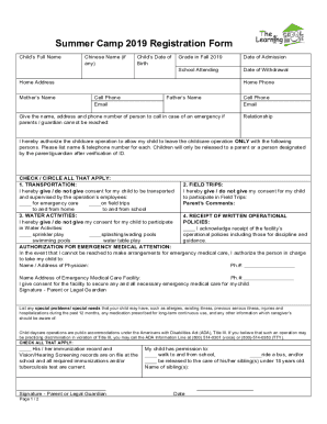 Fillable Online Summer Camp Registration Forms Template Frequently Used ...
