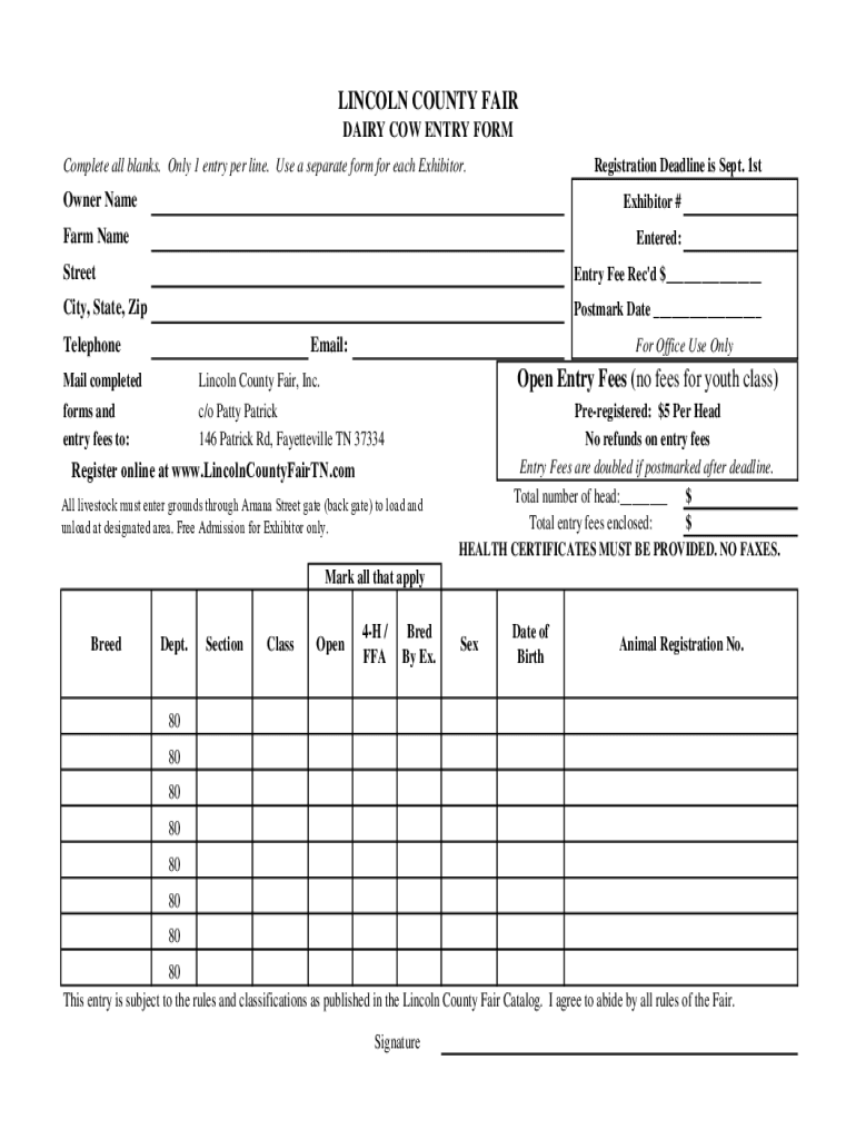 Fillable Online DAIRY COW ENTRY FORM Fax Email Print - pdfFiller