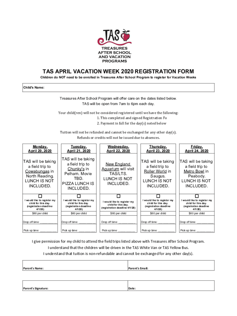 Fillable Online TAS Vacations and Special Day 2019-20 Registration ...
