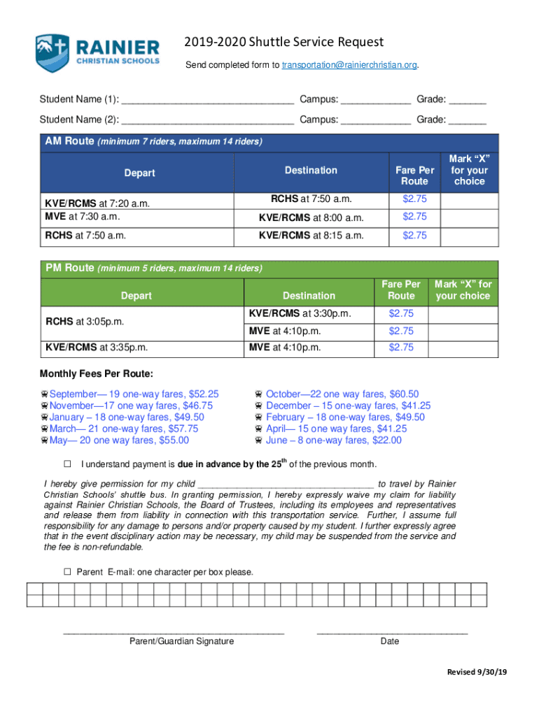 Fillable Online 2019-2020 Shuttle Service Request - Rainier Christian ...