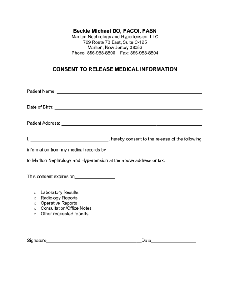 Fillable Online Medical Records Release Form Generic Request Template ...