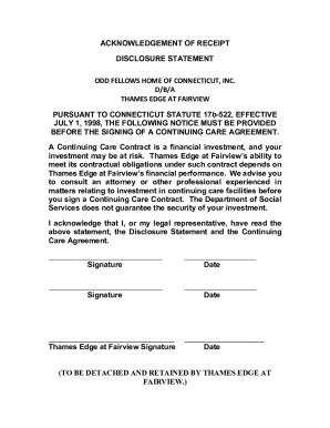 Fillable Online ACKNOWLEDGEMENT OF RECEIPT DISCLOSURE STATEMENT ... Fax ...