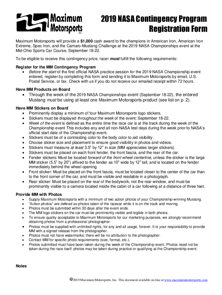 Fillable Online 2019 NASA Contingency Program Registration Form Fax ...
