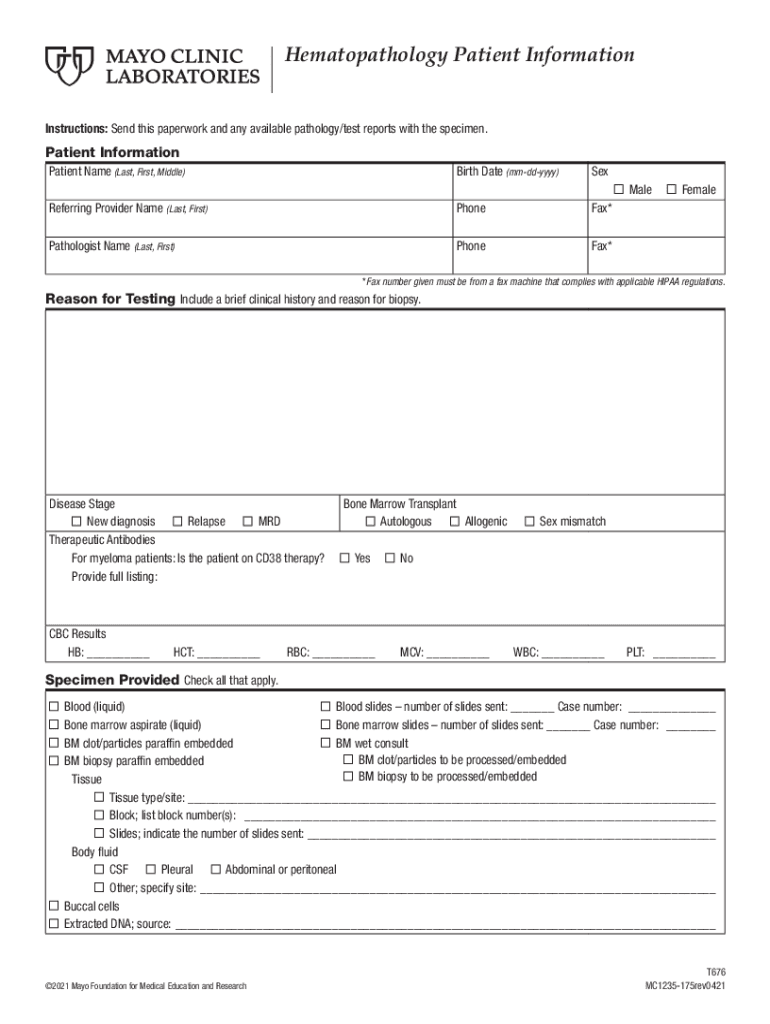 Fillable Online MCL- Hematopathology Patient Information - MC1235-175 ...