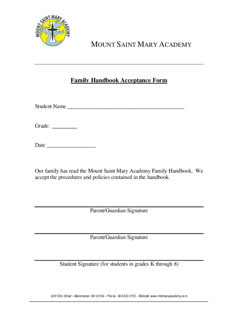 Fillable Online Family Handbook Acceptance Form Fax Email Print - pdfFiller