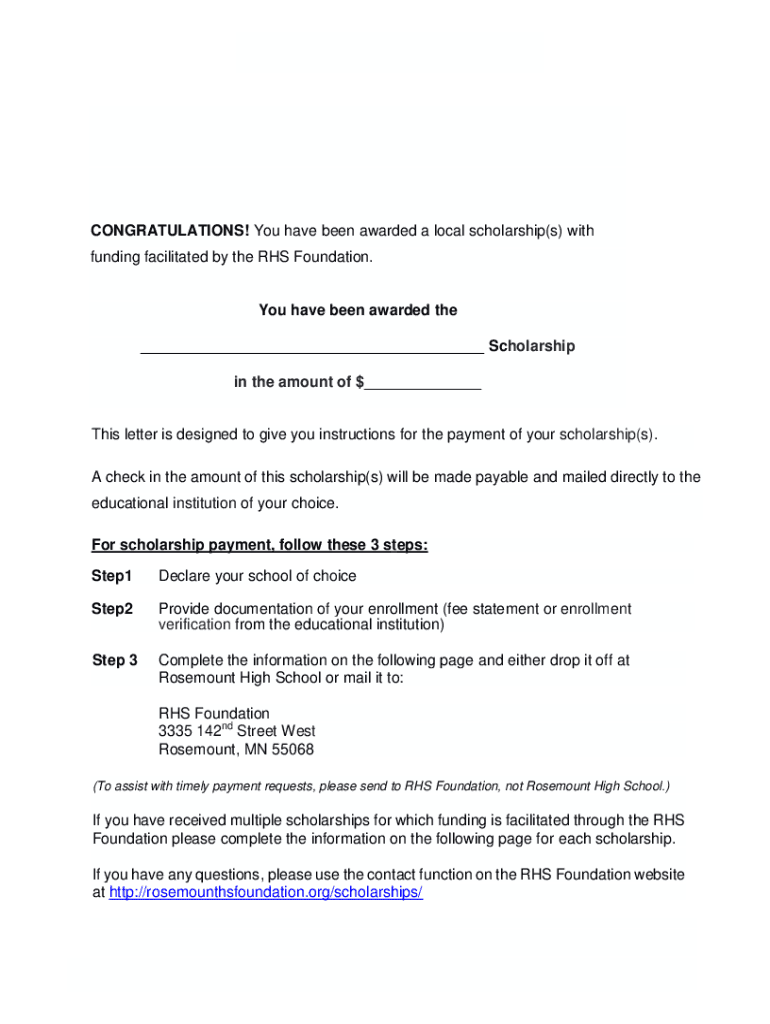 Congratulations Scholarship Award Letter - Fill Online, Printable, Fillable, Blank | pdfFiller