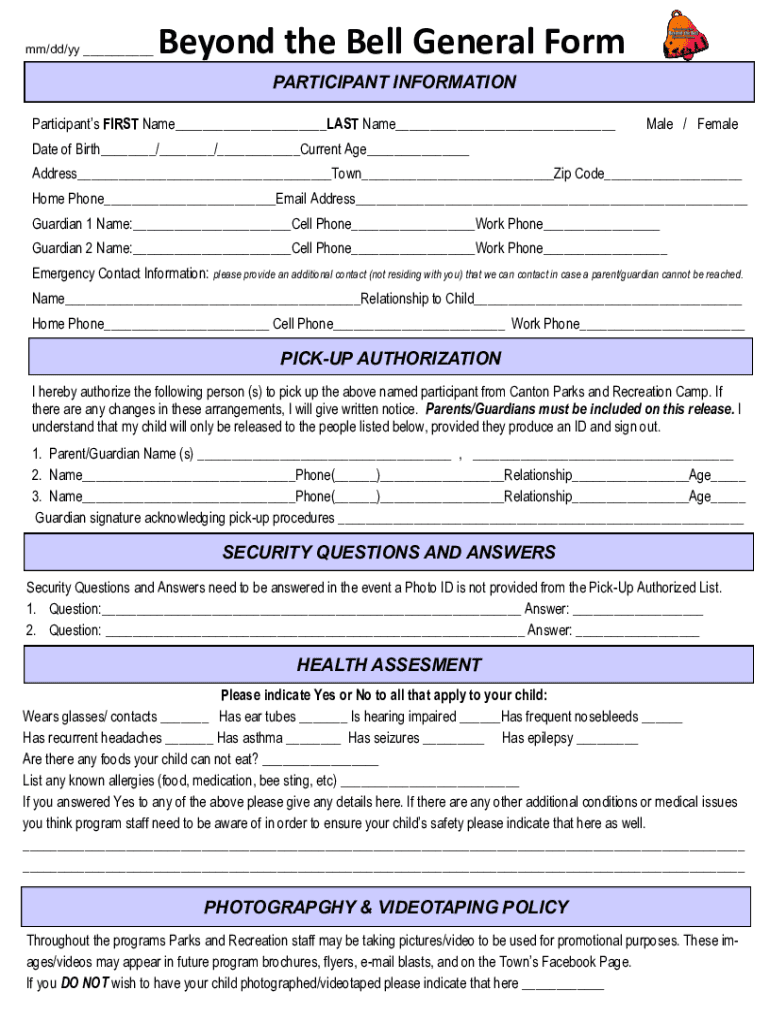 Fillable Online Beyond the Bell General Form - Canton Parks ...