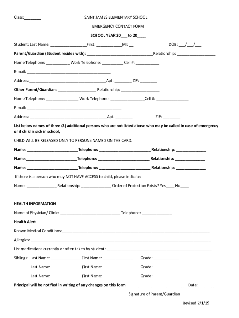 Fillable Online Class: SAINT JAMES ELEMENTARY SCHOOL EMERGENCY CONTACT ...