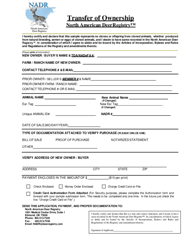 Fillable Online Transfer of Ownership Form - North American Deer ...