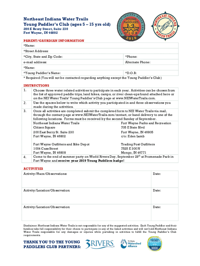 Fillable Online Northeast Indiana Water Trails Young Paddlers Club ...
