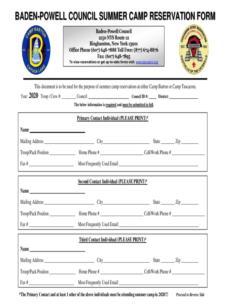 Fillable Online Get the BADEN-POWELL COUNCIL SUMMER CAMP RESERVATION ...
