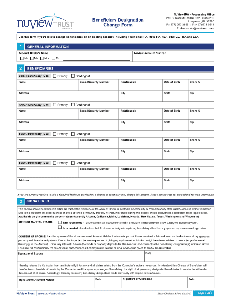 Fillable Online Fillable Online Beneficiary Designation Change Form ...