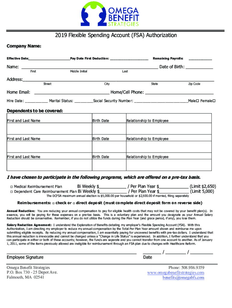 Fillable Online FSA Authorization Form Plan Year 2019 Fax Email Print ...