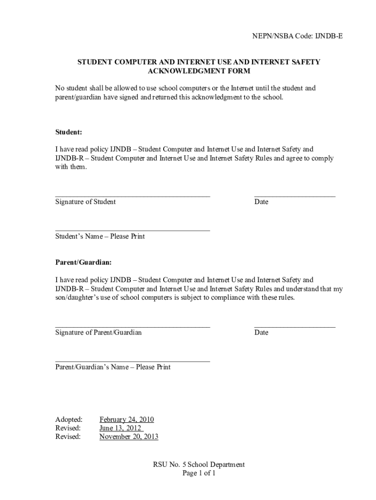 Fillable Online IJNDB-E Student Computer and Internet Use and Internet Safety Acknowledgment ...