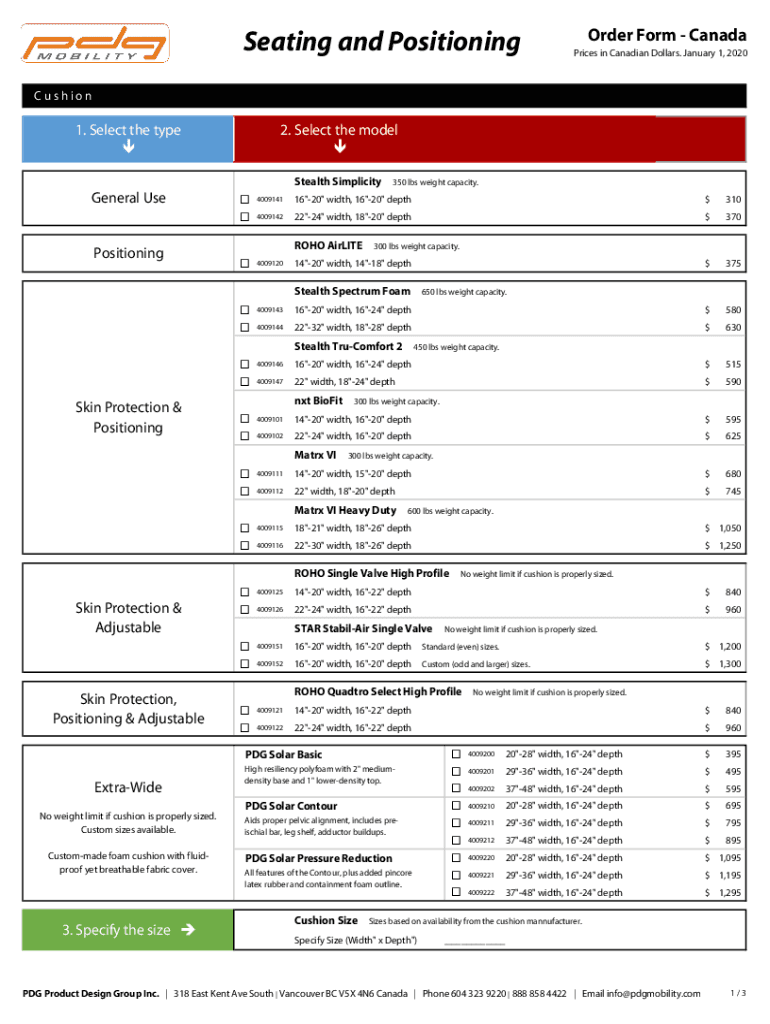 Fillable Online Seating and Positioning Order Form - Canada - PDG ...
