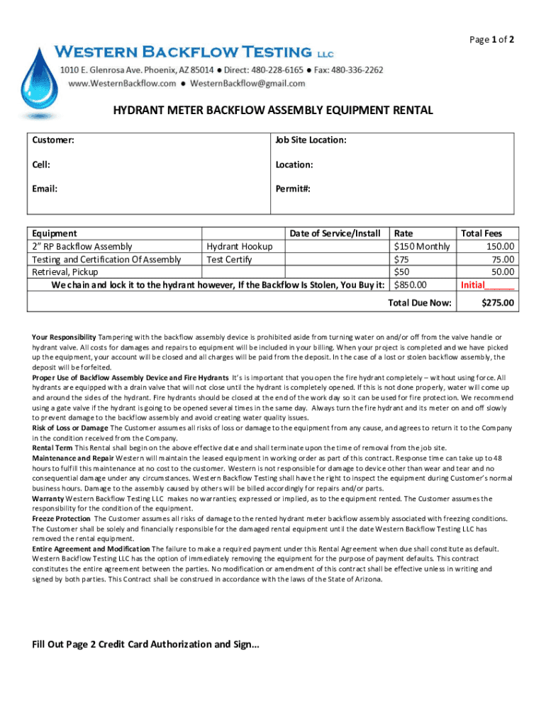 Fillable Online HYDRANT METER BACKFLOW ASSEMBLY EQUIPMENT RENTAL Fax ...