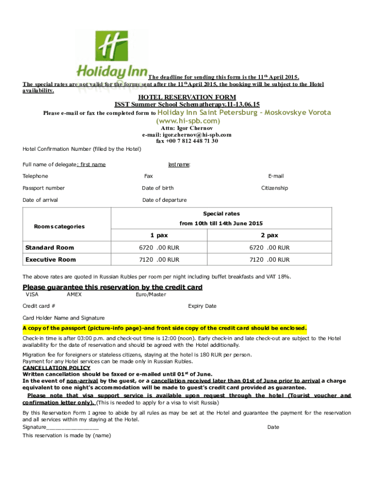 Fillable Online Holiday Inn Reservation Form ISST Summer School 2015 ...