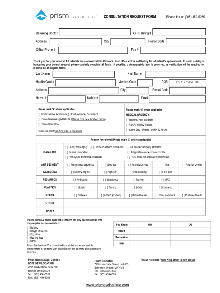 Fillable Online Prism Consultation Request Form - Prism Eye Institute Fax Email Print - pdfFiller