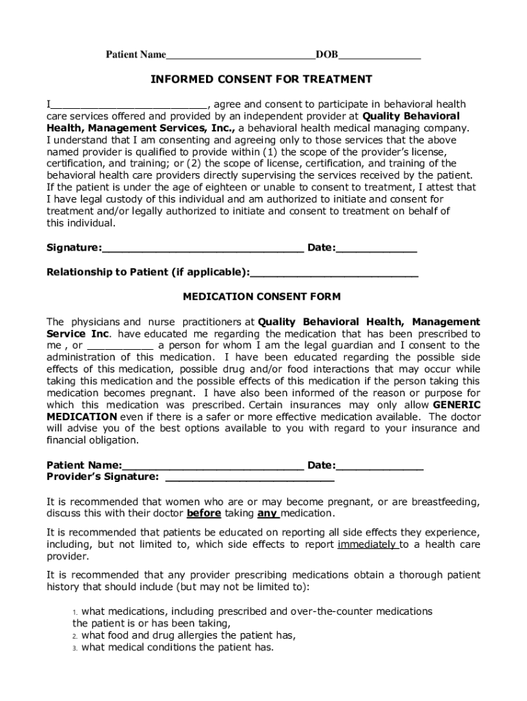 Fillable Online Patient Name DOB INFORMED CONSENT FOR TREATMENT Quality ...