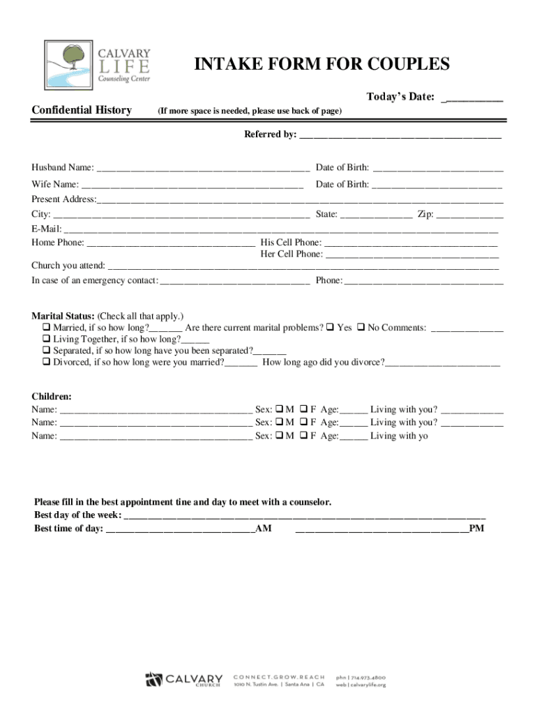 Fillable Online INTAKE FORM FOR COUPLES Fax Email Print - pdfFiller