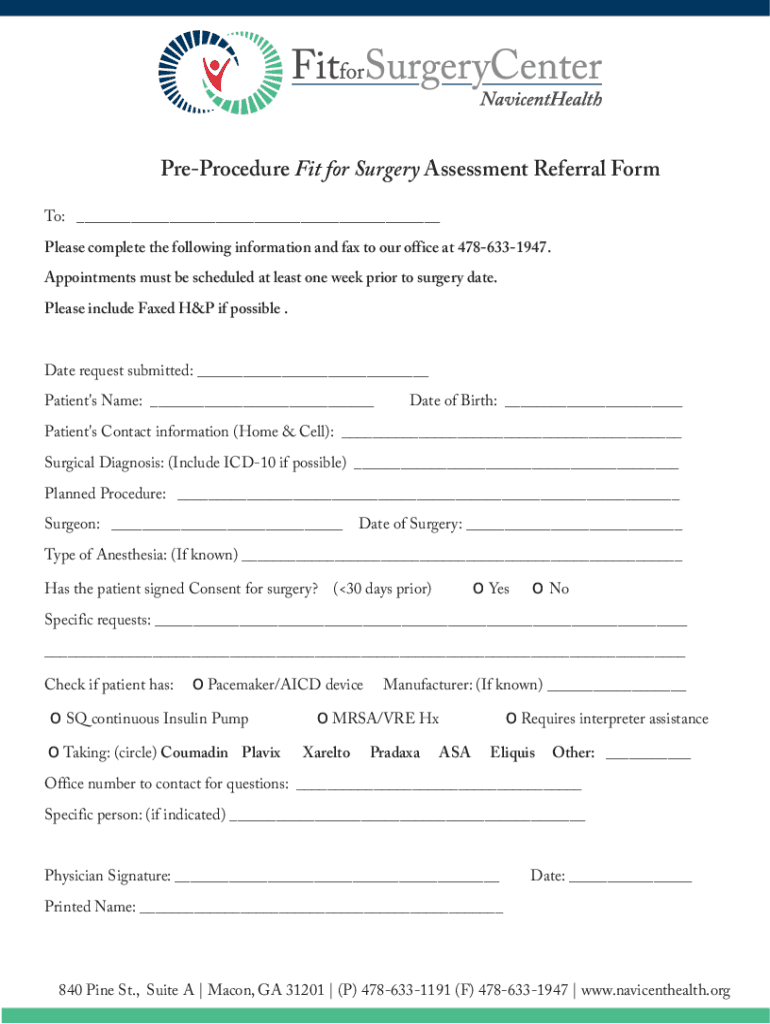 Fillable Online Pre Procedure Fit for Surgery Assessment Referral.cdr ...