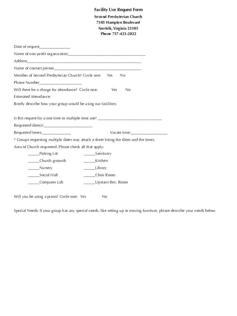 Fillable Online Second Presbyterian ChurchFacility Use Forms Fax Email ...