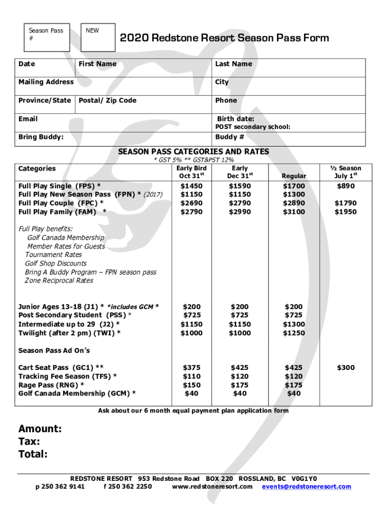 Fillable Online 2020 Redstone Resort Season Pass Form Fax Email Print ...