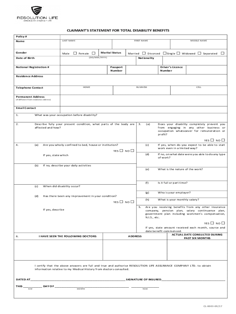 Fillable Online CLAIMANTS STATEMENT FOR TOTAL DISABILITY BENEFITS Fax ...