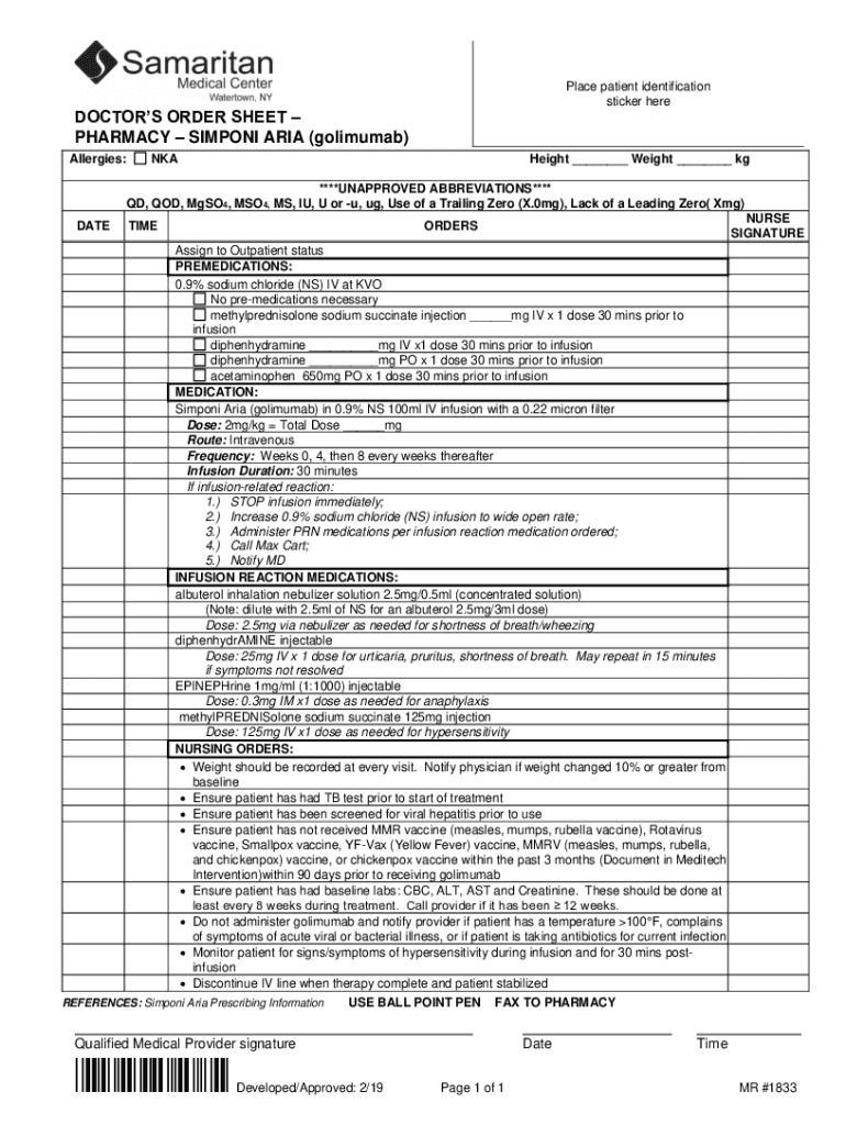 Fillable Online DOCTORS ORDER SHEET PHARMACY ARIA () Fax Email Print ...