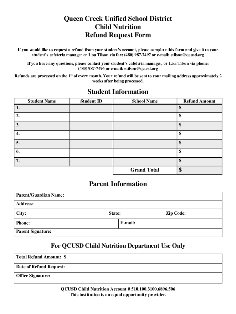 Fillable Online Queen Creek Unified School District Student Refund ...